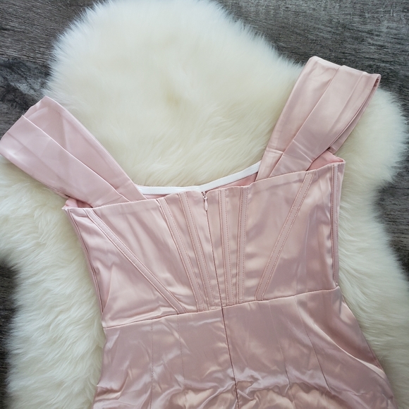 DANI•thegirl | Dresses | Glossy Pink Satin Draped Sleeve Off The ...